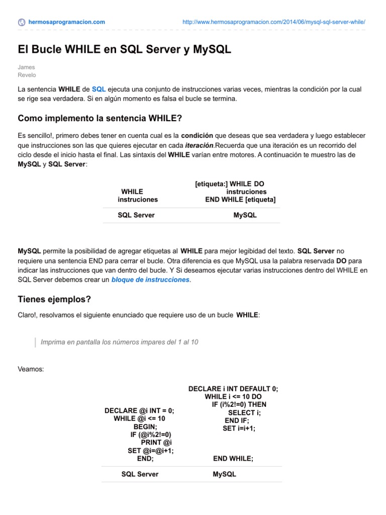 El Bucle WHILE en SQL Server y MySQL PDF | PDF | Servidor SQL de ...