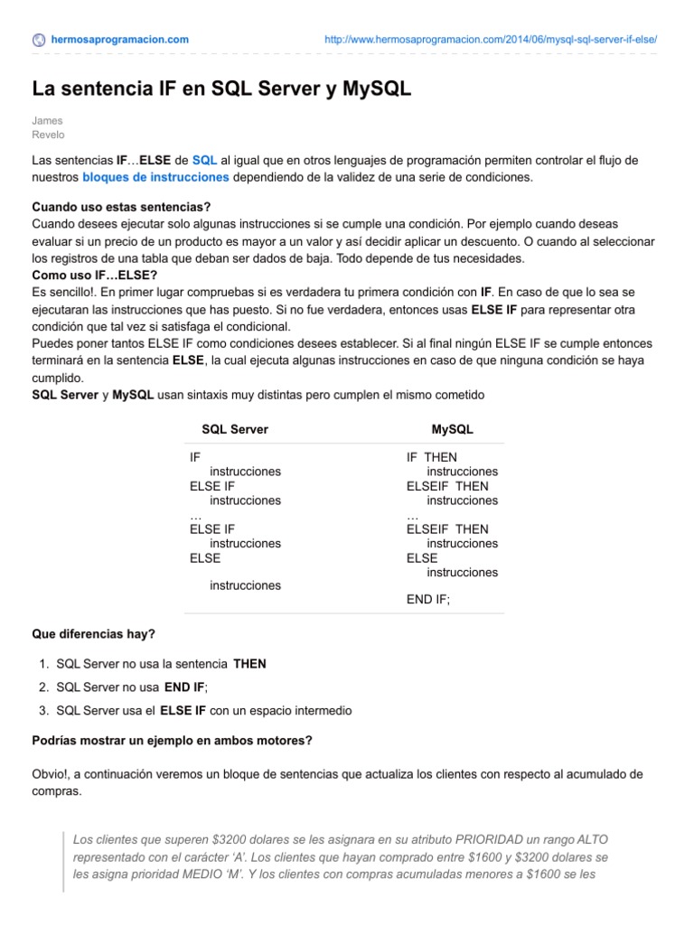 La Sentencia IF en SQL Server y MySQL PDF | PDF