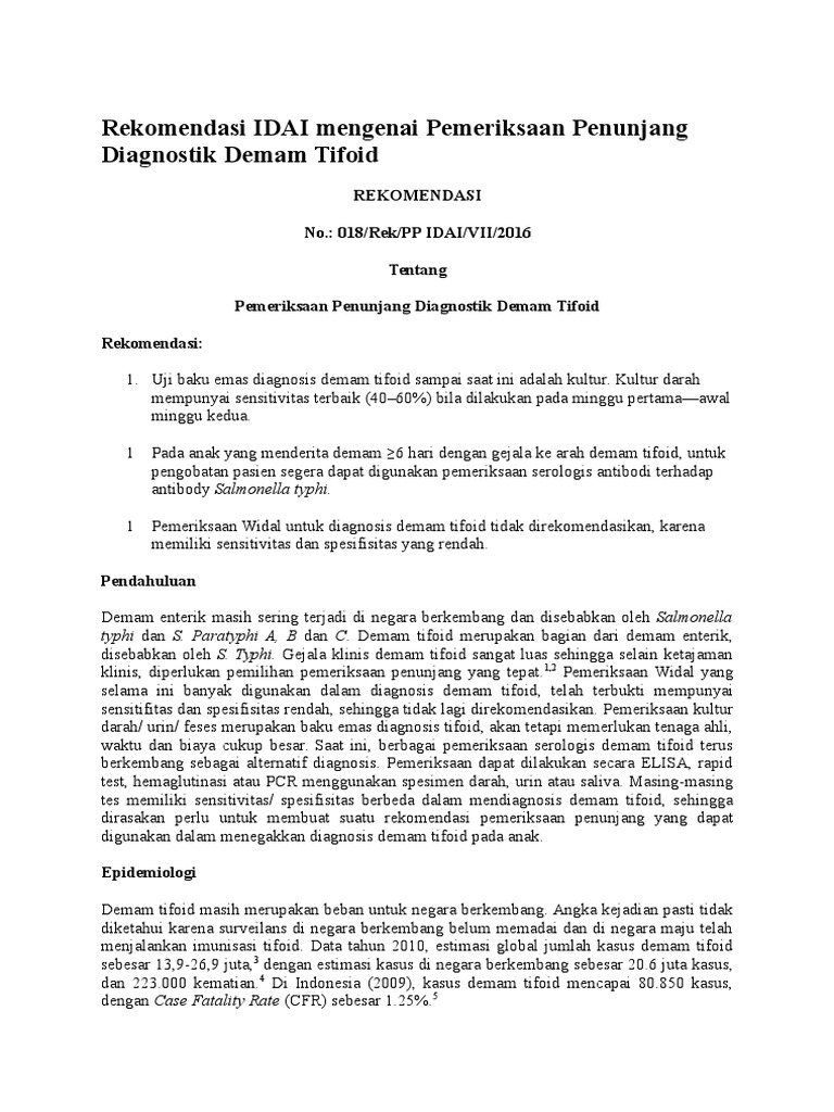 Rekomendasi IDAI Mengenai Pemeriksaan Penunjang Diagnostik Demam Tifoid | PDF