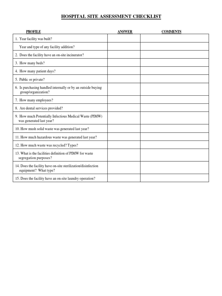 Hospital Site Assessment Checklist: Profile Answer Comments | PDF ...