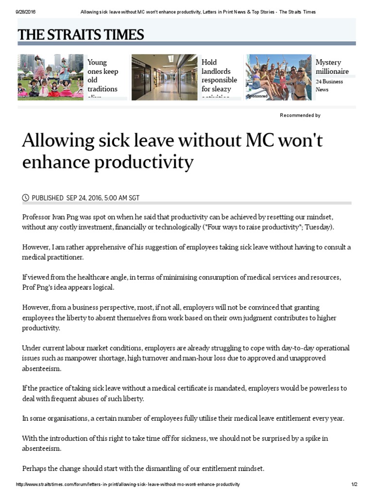 Allowing Sick Leave Without MC Won't Enhance Productivity, Letters in ...
