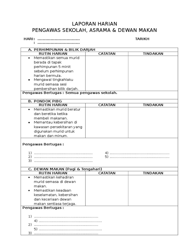 Contoh Laporan Harian Pengawas SK Berasrama | PDF