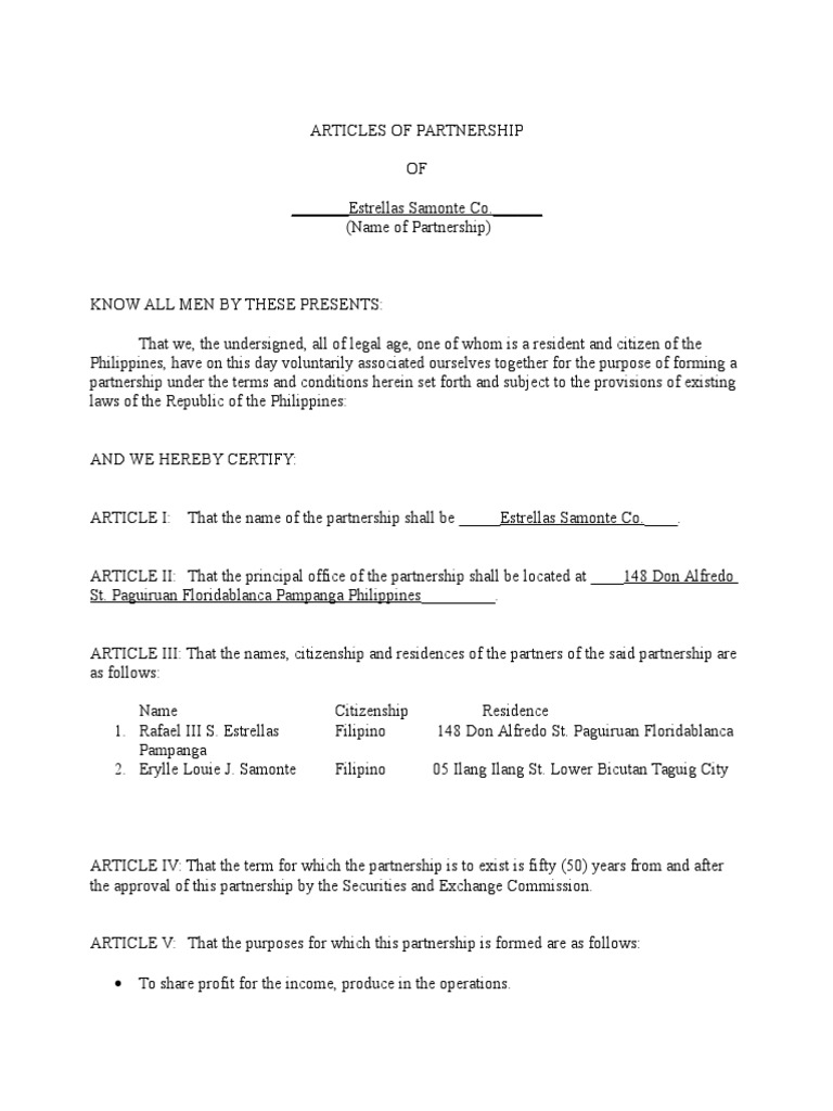 Articles of Partnership - BLANK | PDF | Partnership | Notary Public