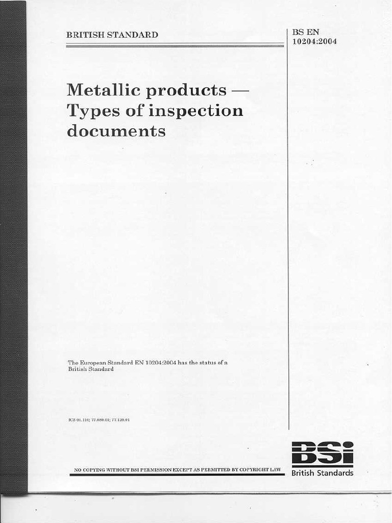 BS en 10204 2004 Metallic Products Types of Inspection Documents PDF | PDF