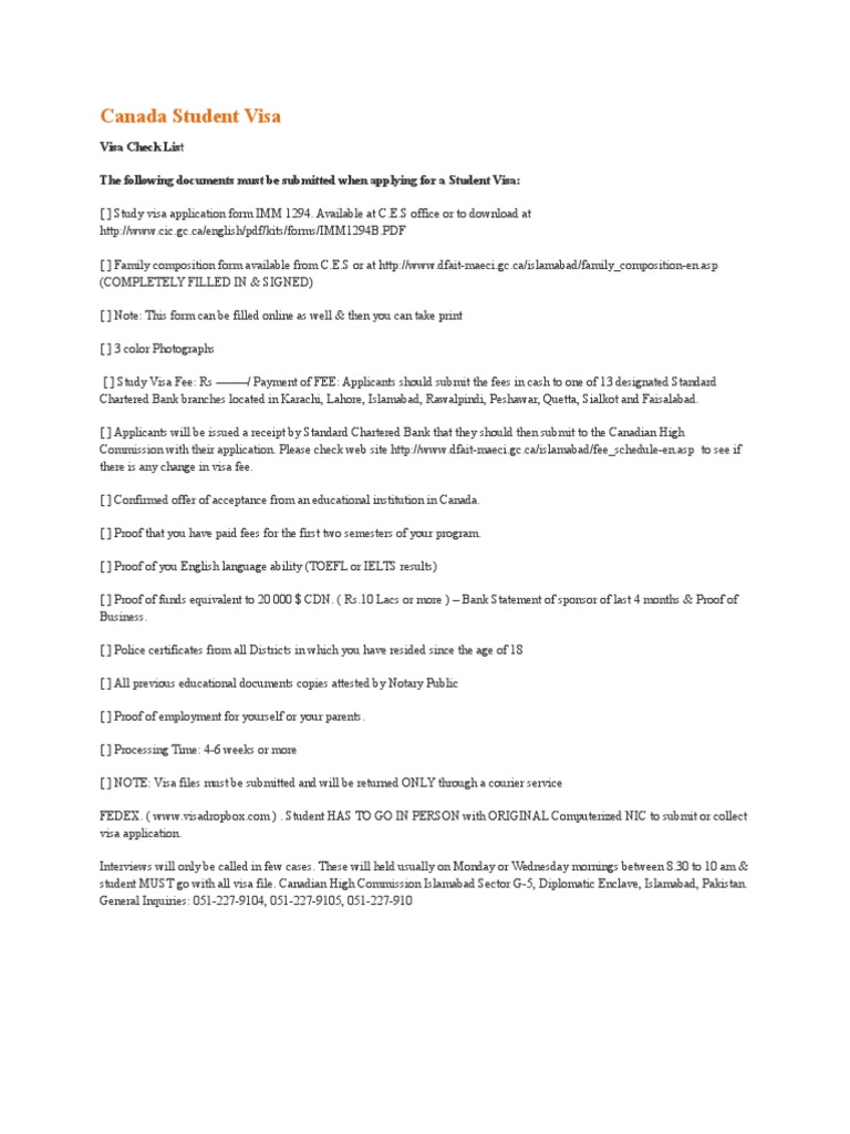 Canada Student Visa Check List