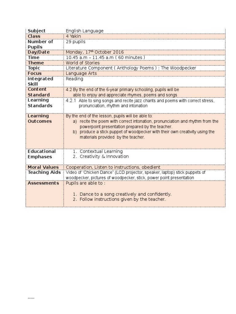 Lesson Plan Language Arts Year 4 Literature Component (Poem ...