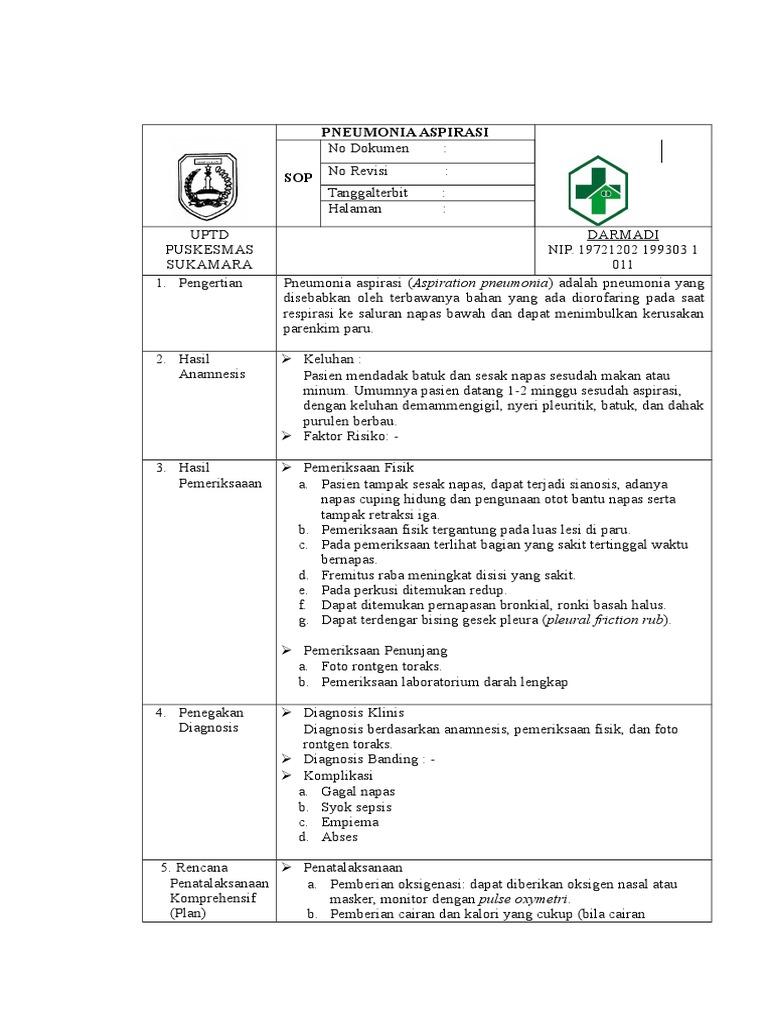 SOP Pneumonia Aspirasi | PDF