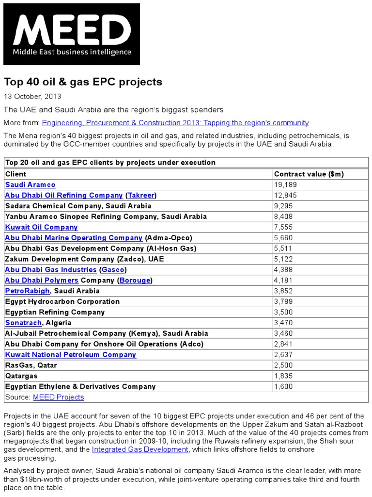 Top 40 Oil & Gas EPC Projects - Supplement - MEED | PDF | Hydrocarbons ...