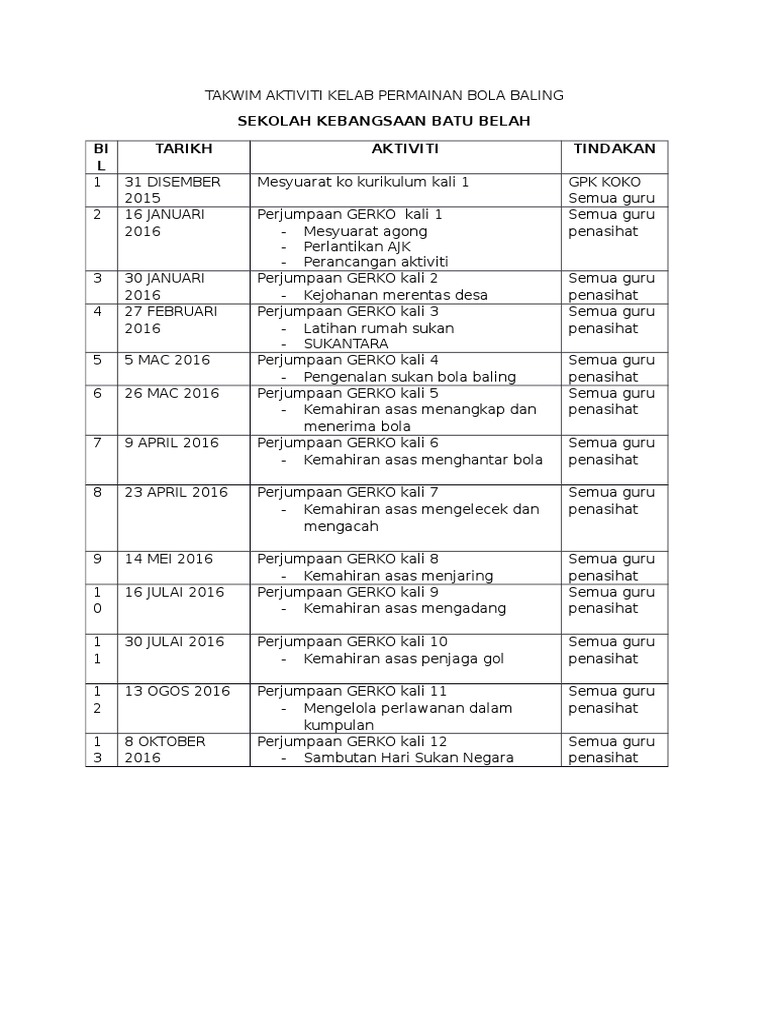 Takwim Aktiviti Kelab Permainan Bola Baling | PDF