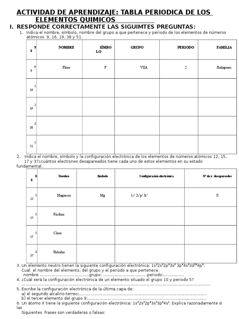 Actividad de Aprendizaje Tabla Periodica 2 | PDF