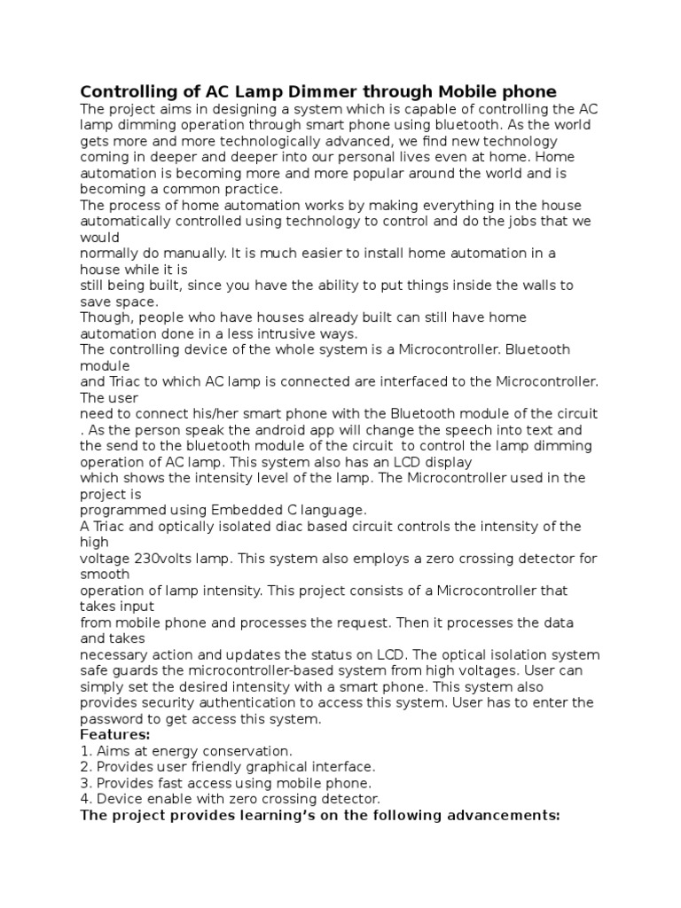 Controlling of AC Lamp Dimmer Through Mobile Phone: Features | PDF ...