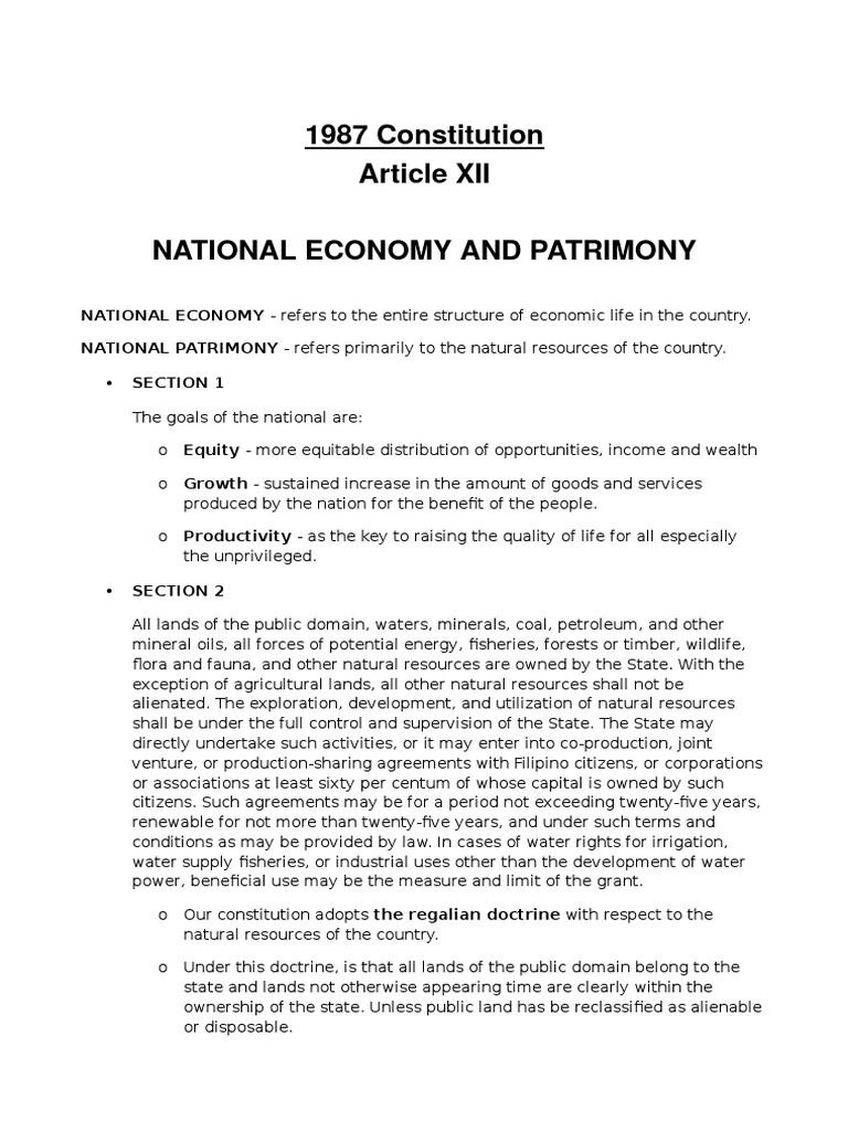 1987 Constitution Article XII National Economy and Patrimony | PDF ...