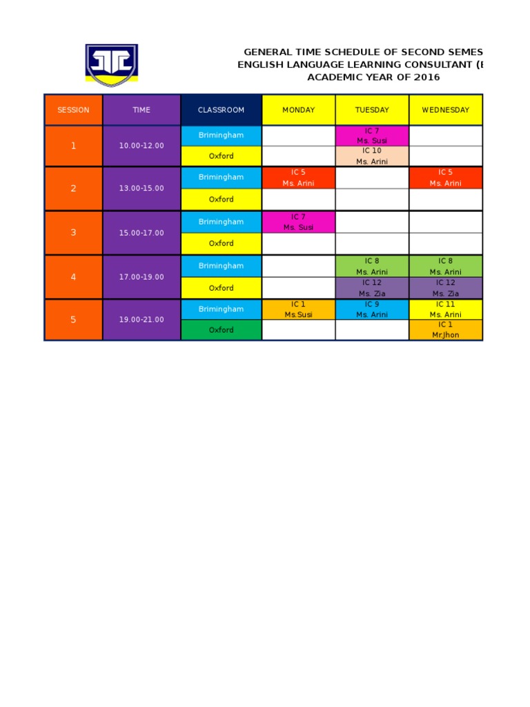 General Time Schedule of Second Semester English Language Learning ...