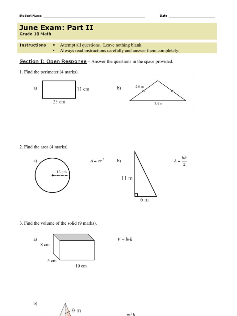 Grade 10 Math June Exam Guide | PDF | Area | Volume