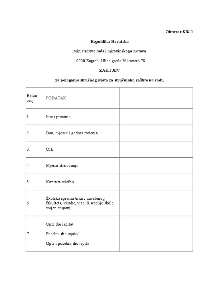 Obrazac Za Prijavu Ispita ZNR Novi | PDF