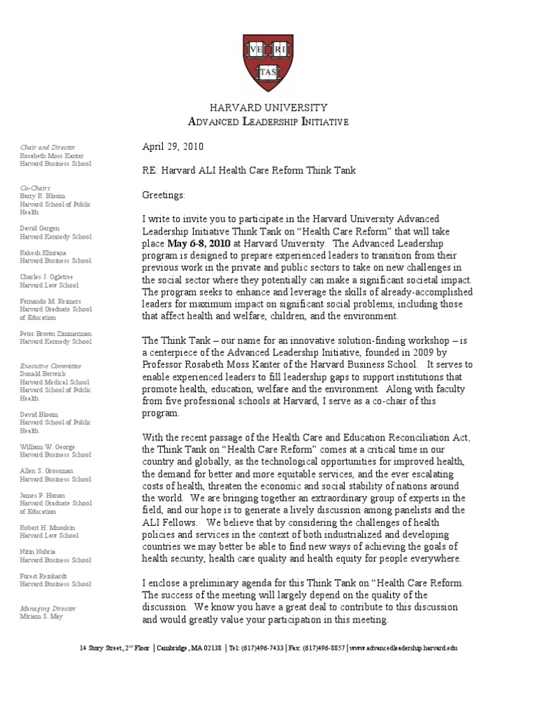 ALI Health Care Reform Think Tank Invitation Letter | PDF | Patient ...
