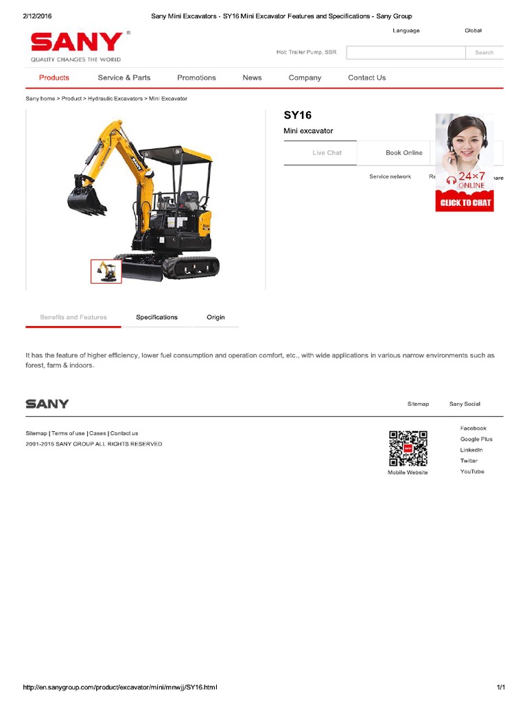 Sany Mini Excavators - SY16 Mini Excava... Atures and Specifications ...