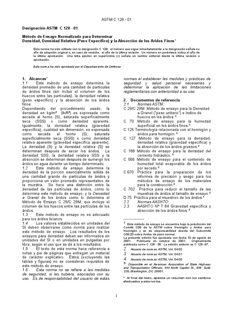 Astm C 128-01 | Descargar gratis PDF | Densidad | Absorción (Química)