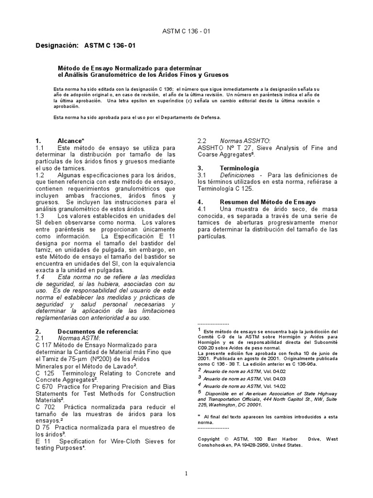 ASTM C 136: Análisis Granulométrico | PDF | Masa | Naturaleza