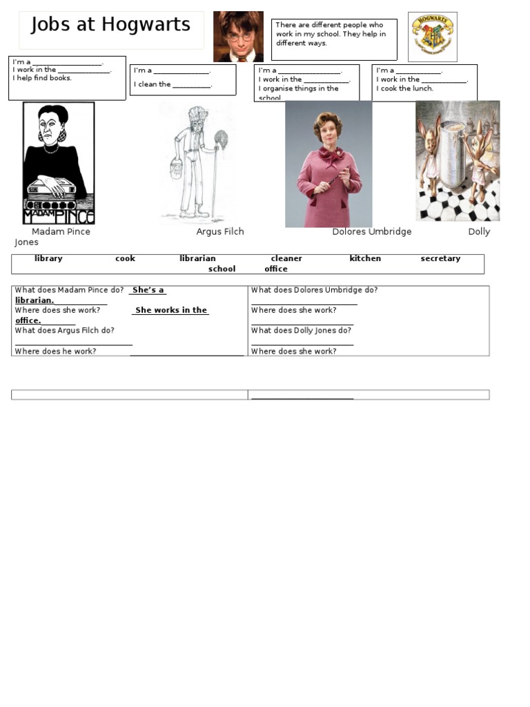 Jobs at Hogwarts: Madam Pince Argus Filch Dolores Umbridge Dolly Jones ...