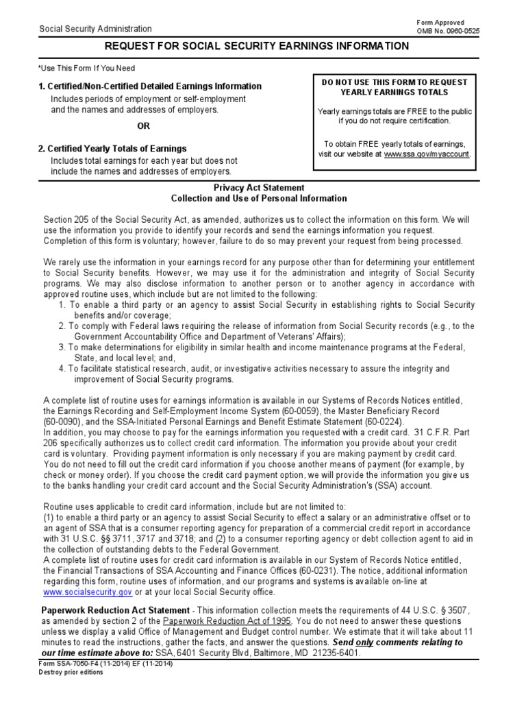 US Social Security Form (Ssa-7050) : Wage Earnings Correction | PDF ...