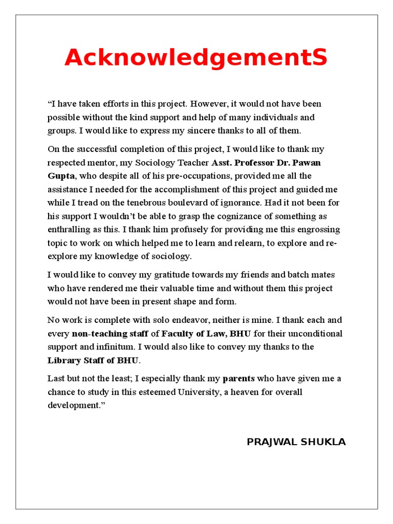 Acknowledging Those Who Provided Support and Guidance on a Sociology ...