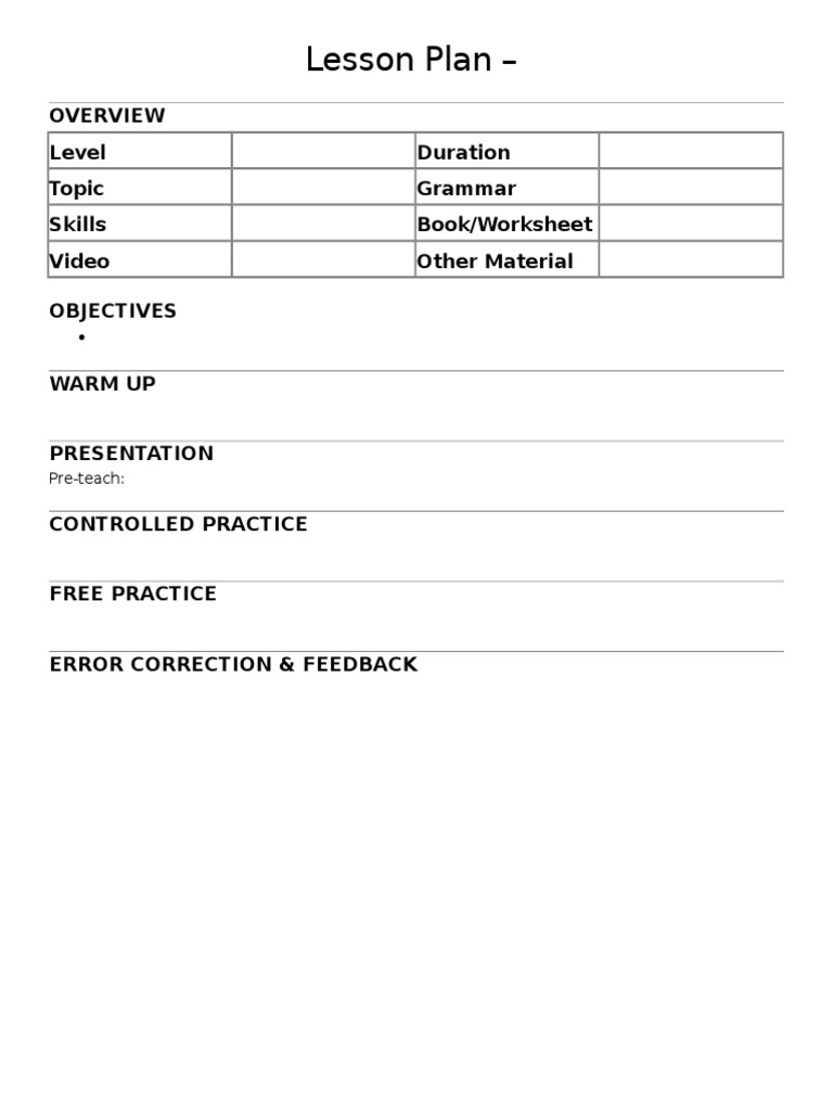 Lesson Plan - : Level Duration Topic Grammar Skills Book/Worksheet ...
