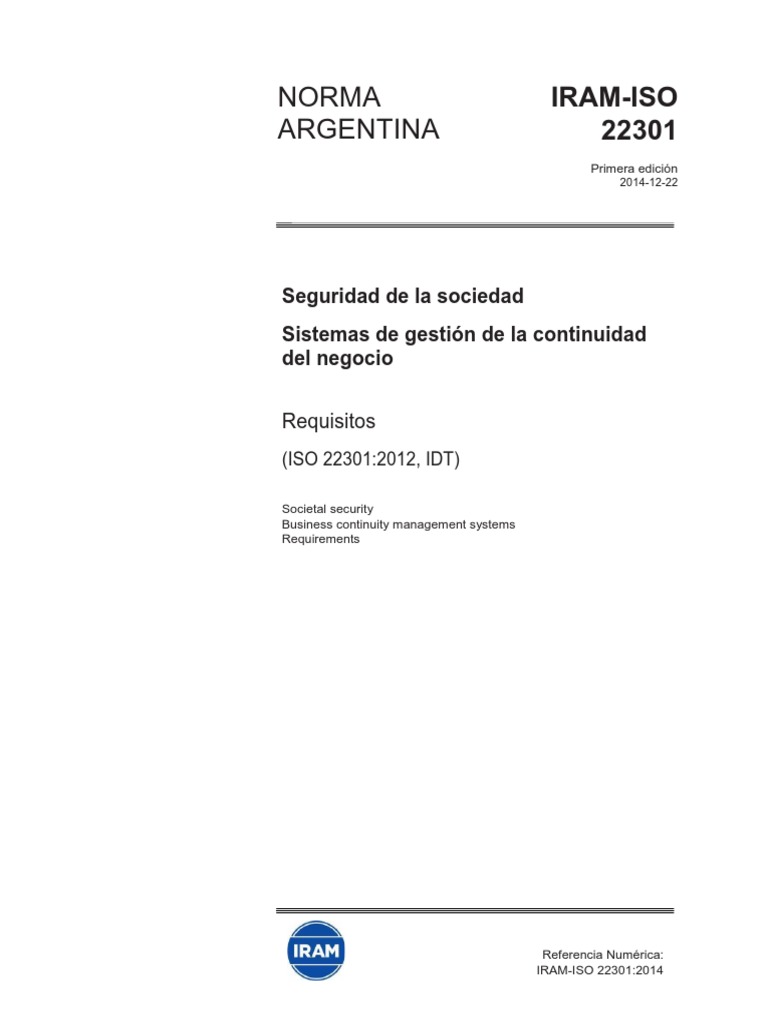 Iram-Iso 22301 - 2014 | Descargar gratis PDF | Continuidad del negocio ...