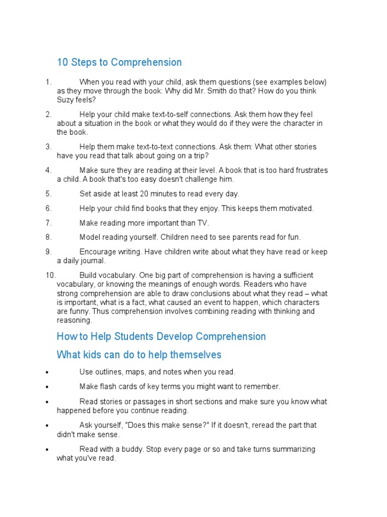 10 Steps To Comprehension | PDF | Reading Comprehension | Reading (Process)
