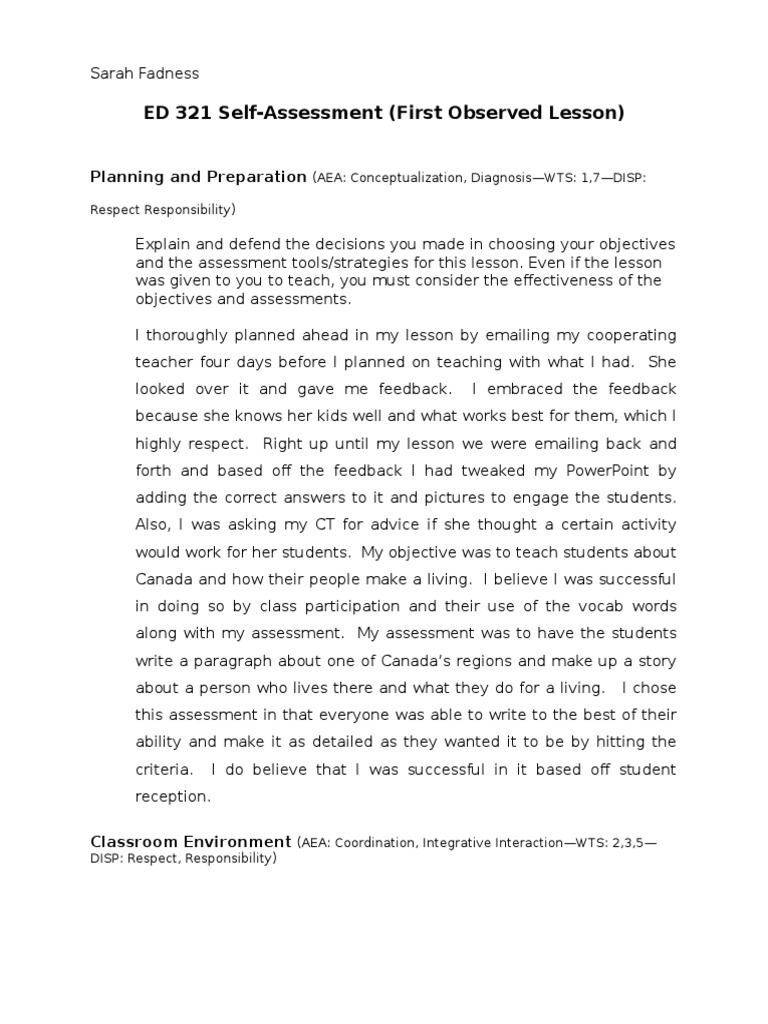 First Observed Lesson Self-Assessment | PDF | Educational Assessment ...