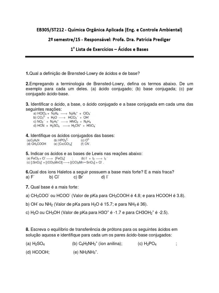 Lista 01 Ácidos e Bases | PDF