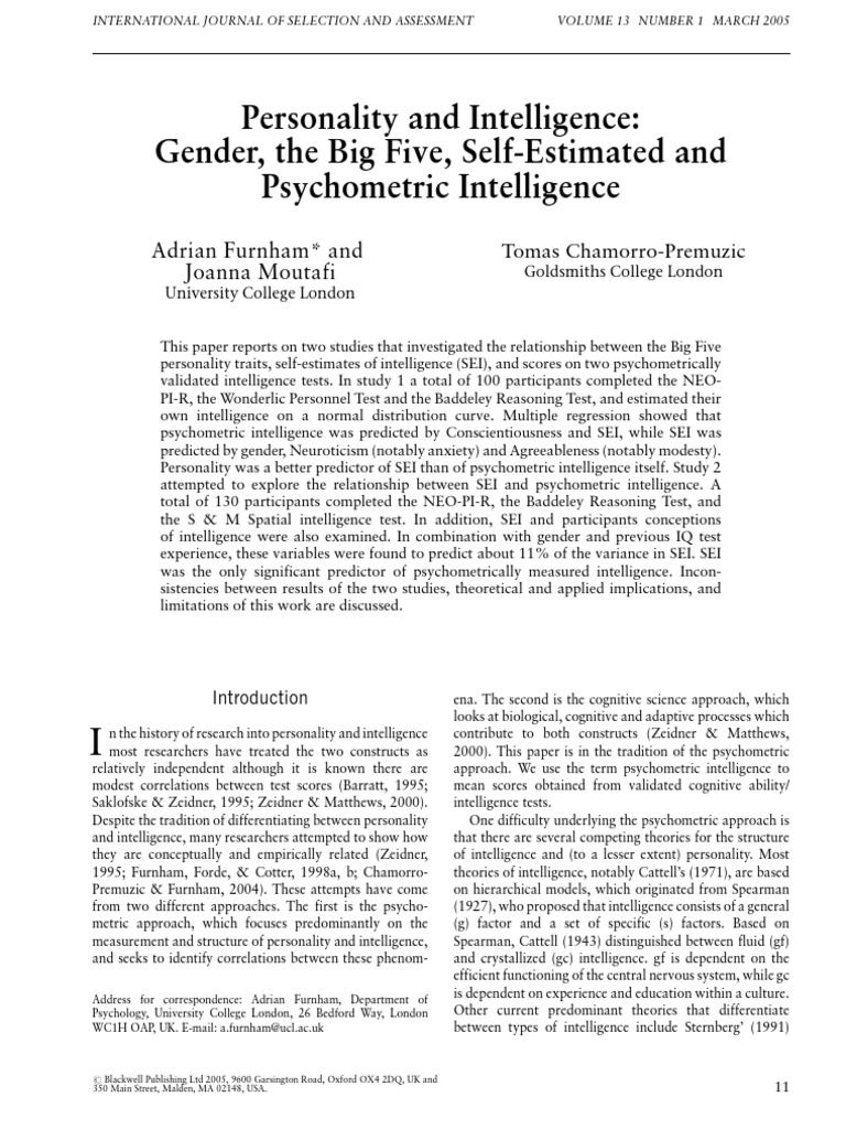 Personality and Intelligence: Gender, The Big Five, Self-Estimated and ...