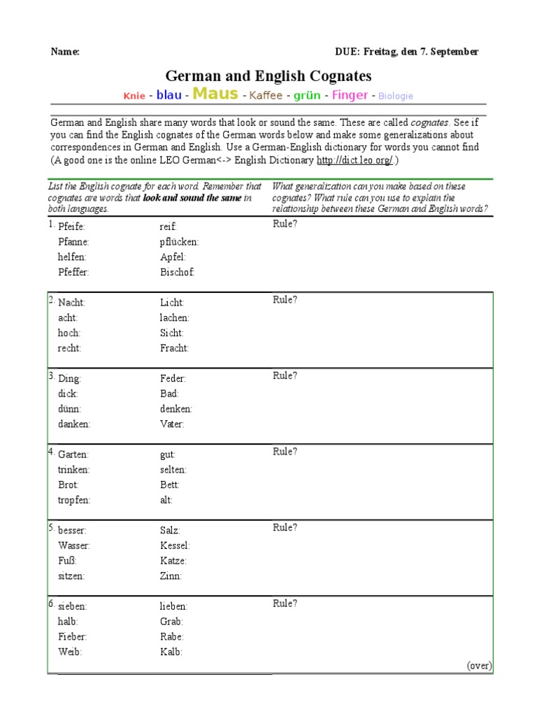 German and English Cognates: Name: DUE: Freitag, Den 7. September | PDF