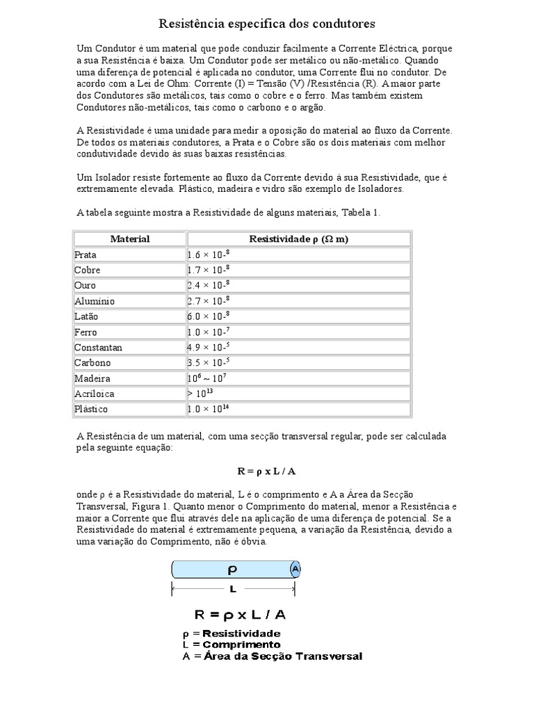 Resistência Especifica Dos Condutores | PDF | Resistividade elétrica e ...