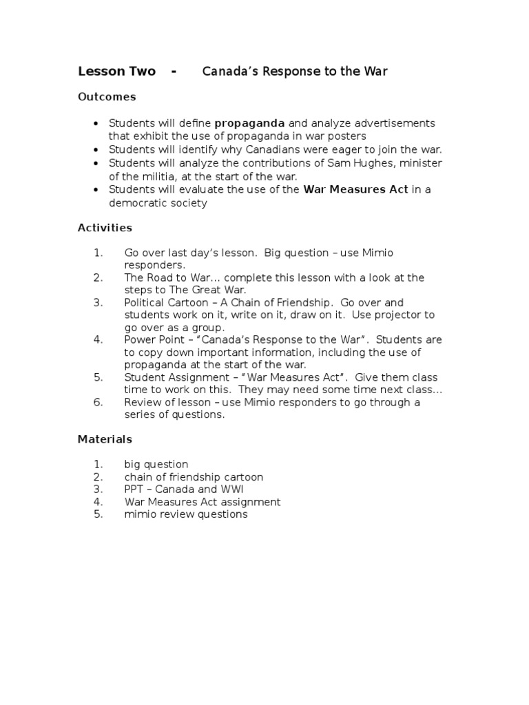 Lesson 2 - Canada's Response To The War | PDF | War Bond | Public Sphere