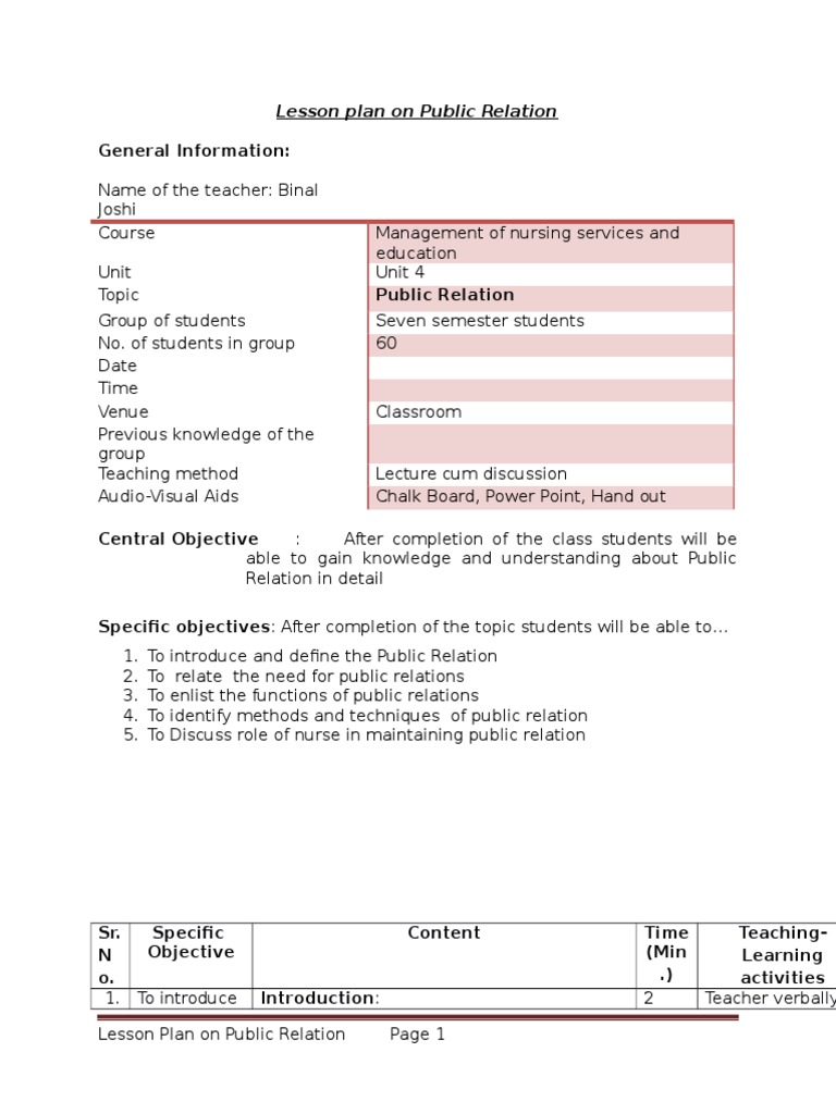 General Information:: Lesson Plan On Public Relation | PDF | Public ...