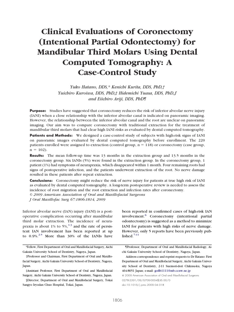 J Oral Maxillofac Surg 2009. Clinical Evaluations of Coronectomy ...