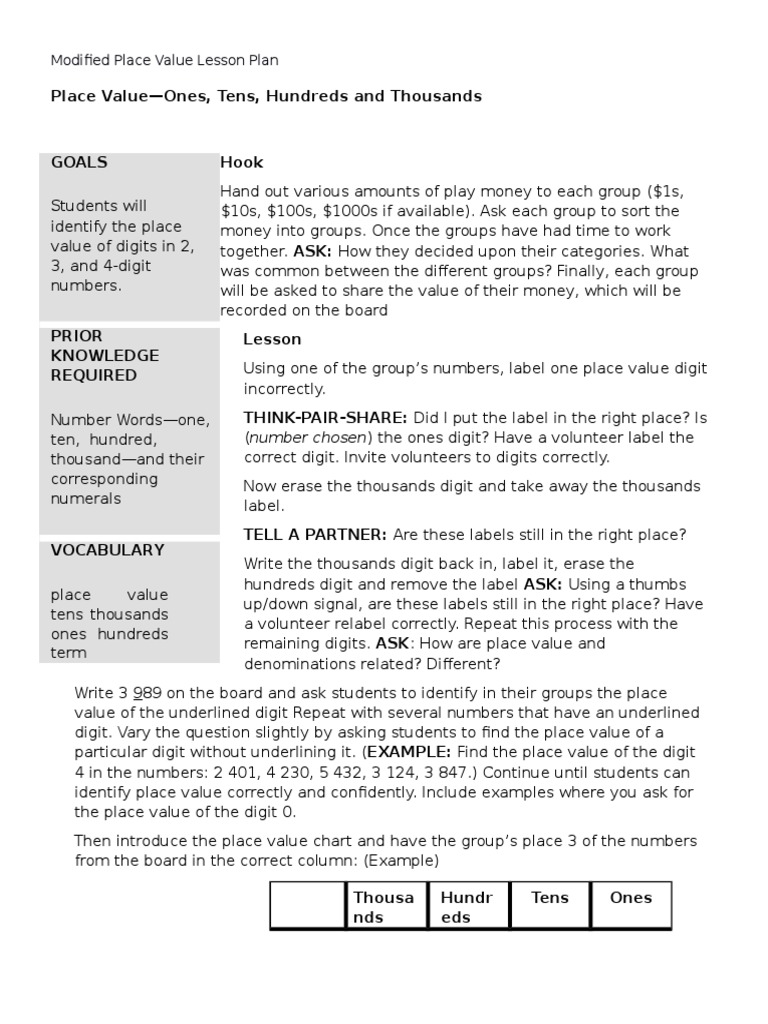 Modified Place Value Lesson Plan | PDF | Numbers | Dice