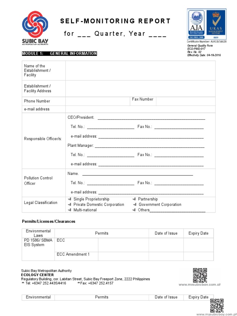 For - Quarter, Year - : Self-Monitoring Report | Download Free PDF ...