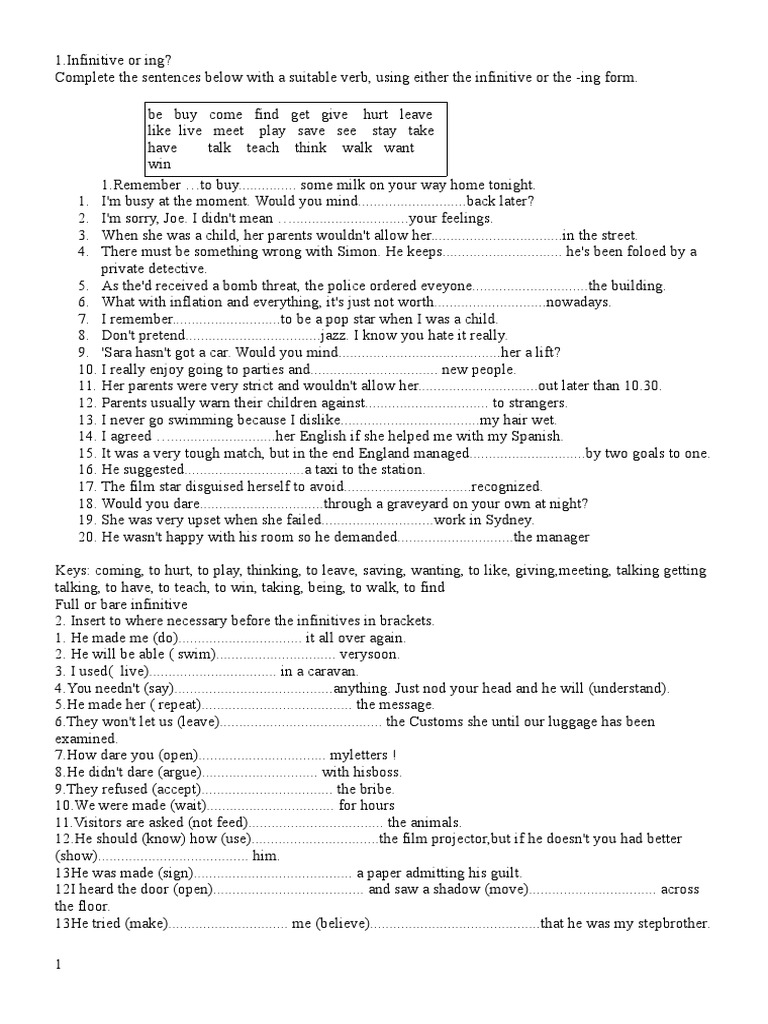 Inf or Gerund Exer | PDF | Verb | Linguistic Typology