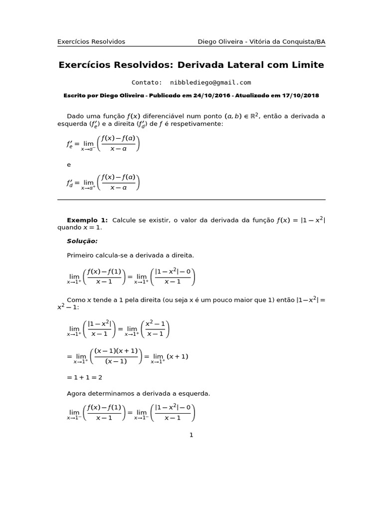 Exercícios Resolvidos: Derivada Lateral | PDF