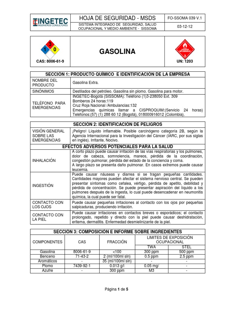 Fo-Ssoma 039 Msds Gasolina | PDF | Toxicidad | Descarga electrostática