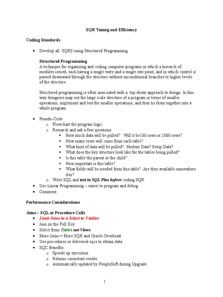 SQR Tuning and Efficiency Coding Standards: Limit Joins in A Select To 5 Tables | PDF | Computer ...