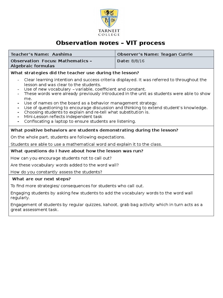 VIT Observation Record Aashima | PDF