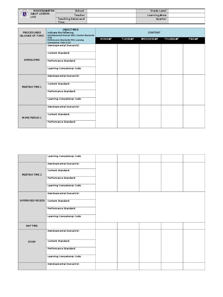 Kindergarten Daily Lesson Log | PDF
