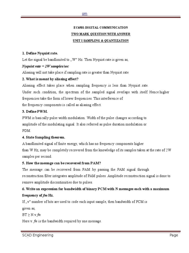 DC Two Marks | PDF | Modulation | Bandwidth (Signal Processing)