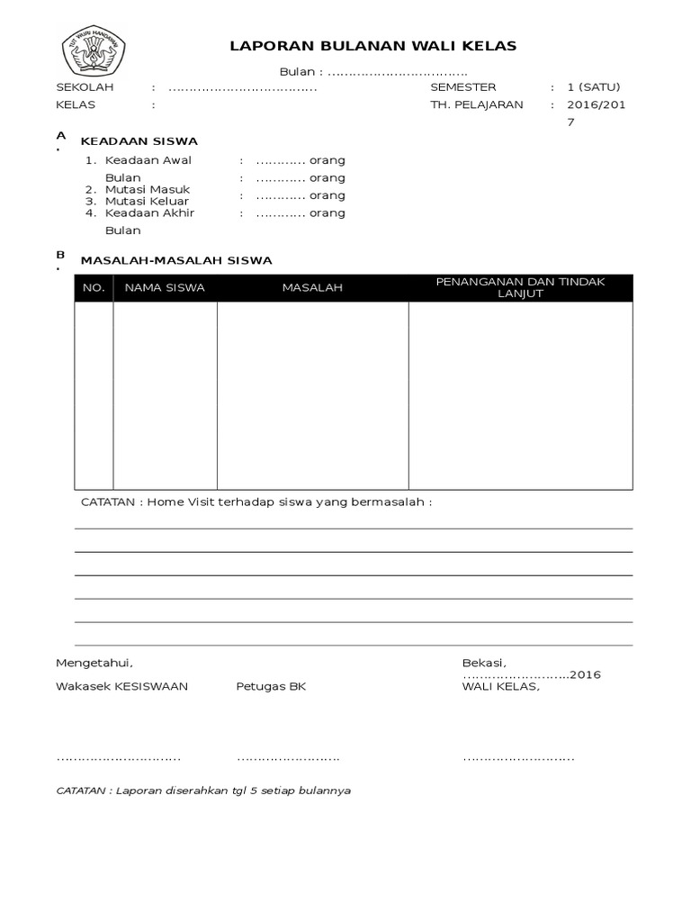 Contoh Laporan Bulanan Wali Kelas | PDF