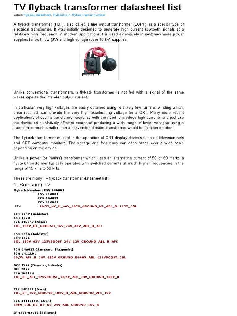 TV Flyback Transformer Datasheet List - Belajar SEO | PDF | Electricity ...