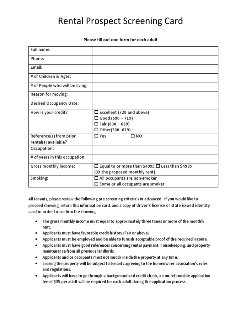 Rental Prospect Screening Card: Please Fill Out One Form For Each Adult ...