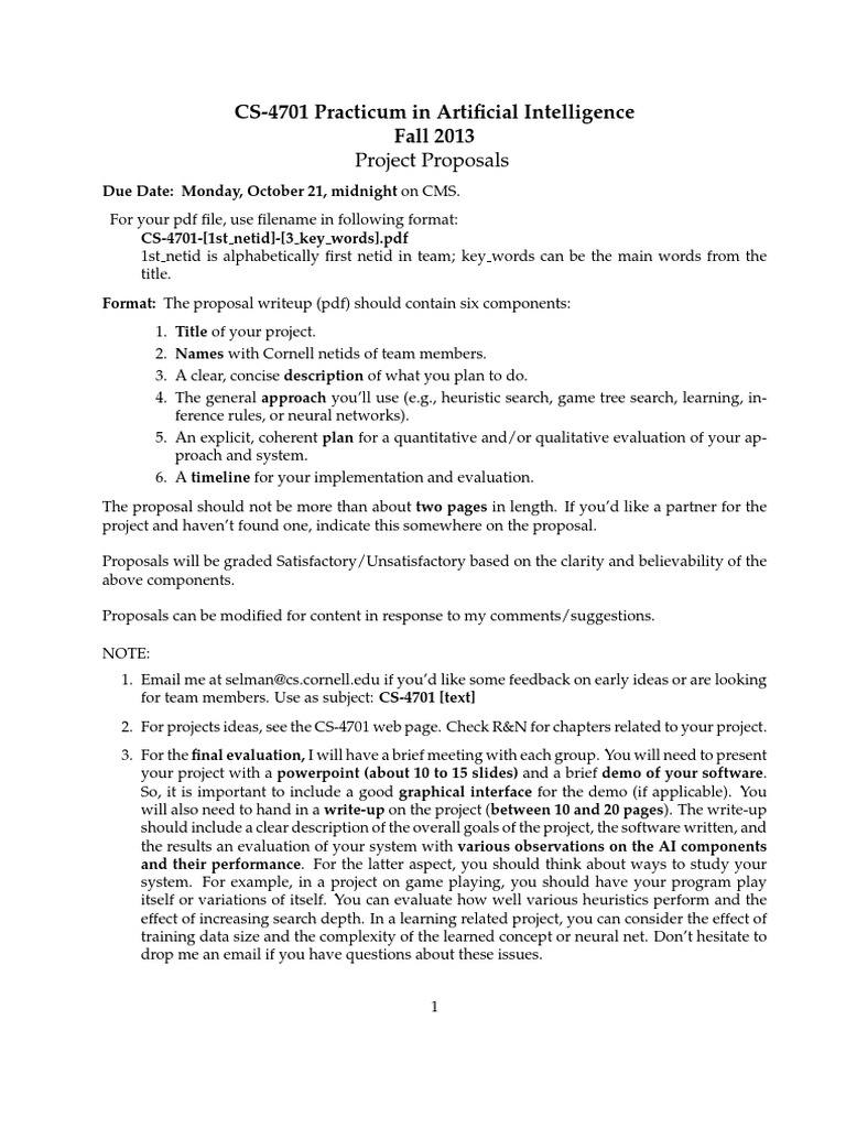 CS-4701 Practicum in Artificial Intelligence Fall 2013: Project Proposals | PDF
